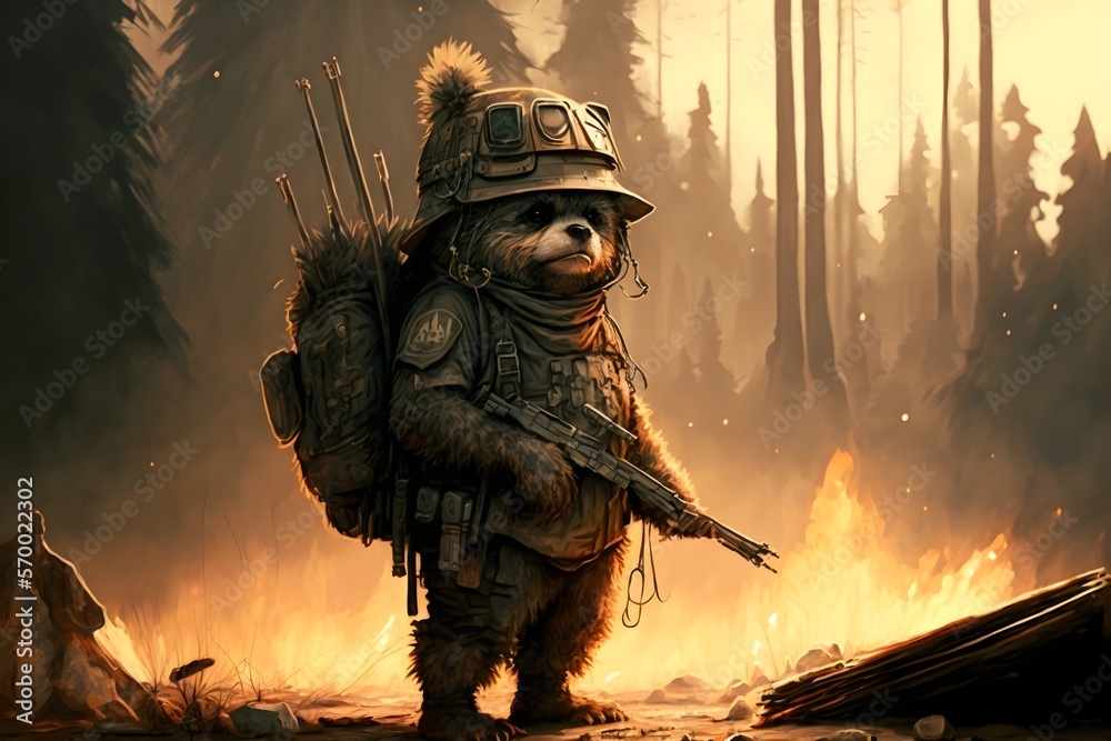 ewok soldier wearing helmet and holding an M16 rifle standing next to a ...