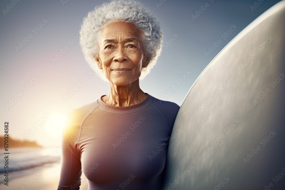 Portrait of a beautiful middle age female surfer posing with her ...