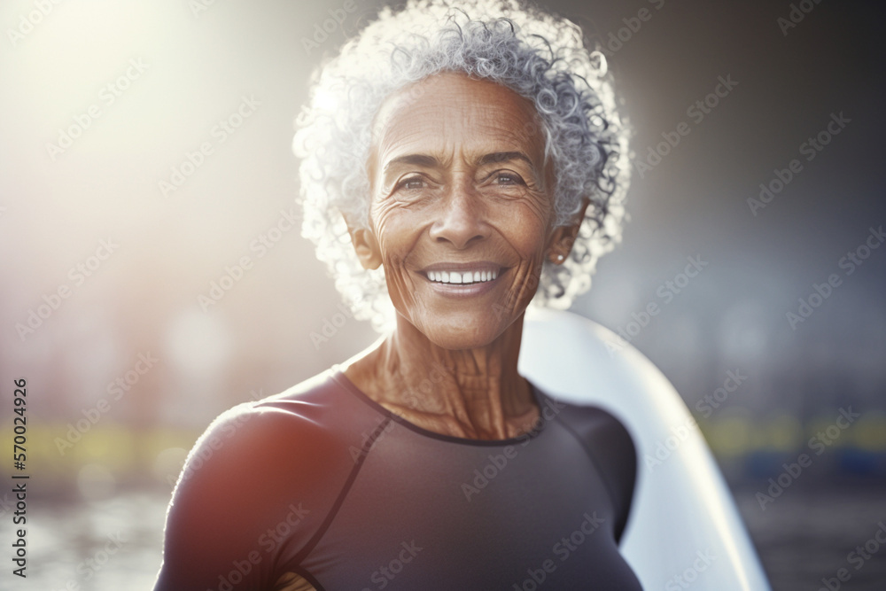 Portrait of a beautiful middle age female surfer posing with her ...