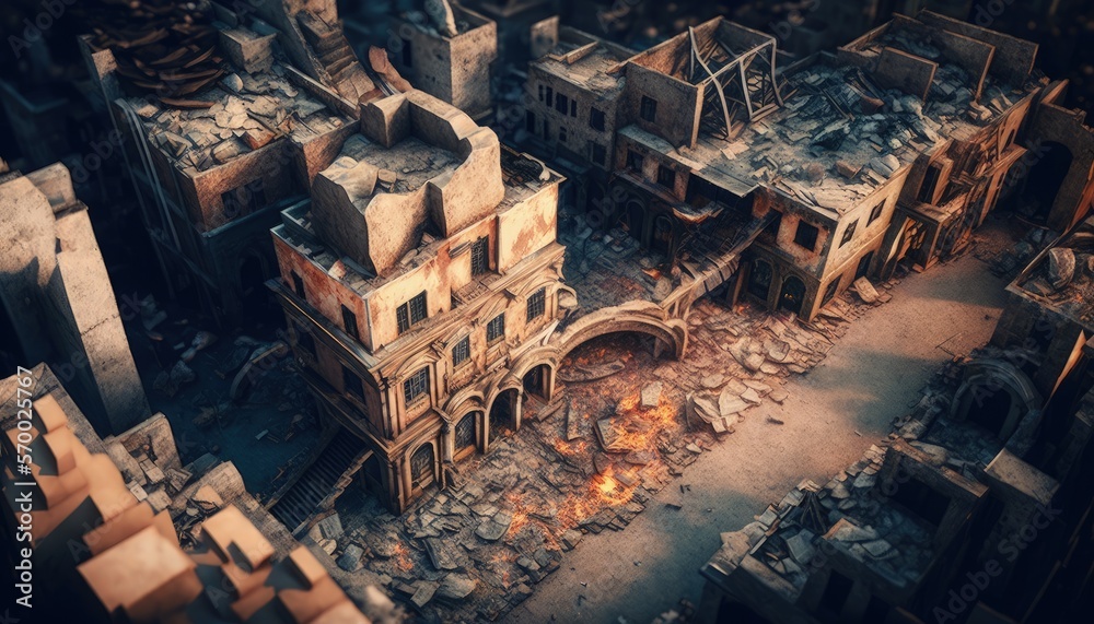 ภาพประกอบสต็อก City drone view with collapsed and destroyed buildings ...