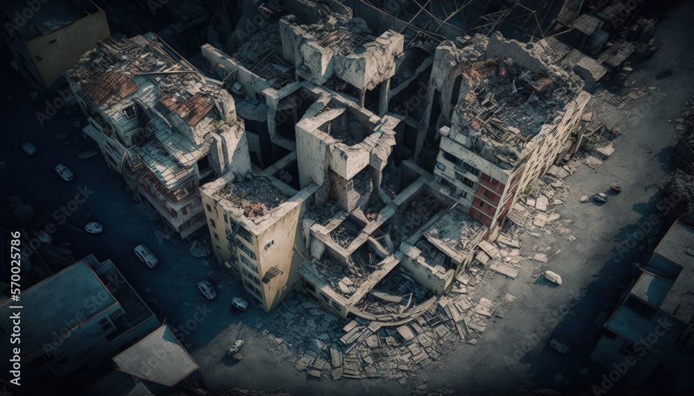 City drone view with collapsed and destroyed buildings, post ...