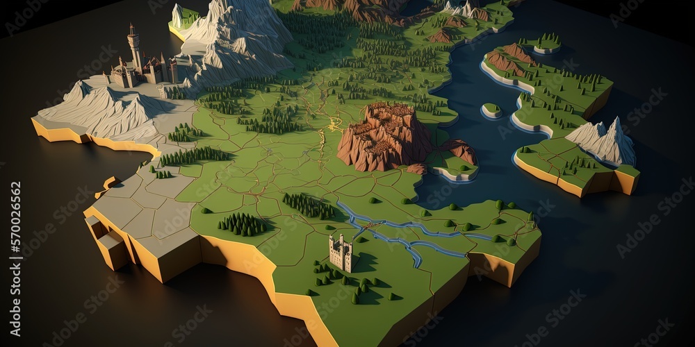 Medieval kingdom 3D map, Middle age kingdom volumetric map with ...