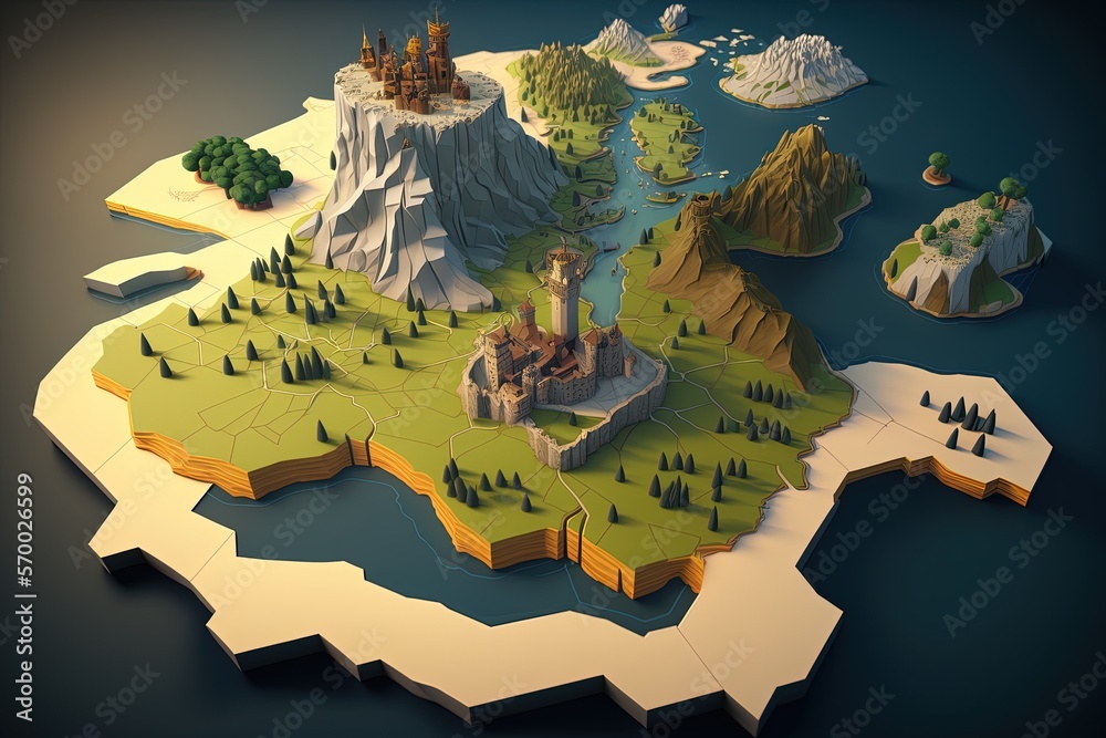 Medieval kingdom 3D map, Middle age kingdom volumetric map with ...