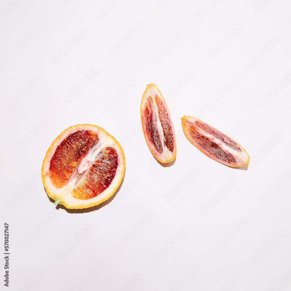 Red oranges, fresh Mediterranean fruit, white background. Light summer ...