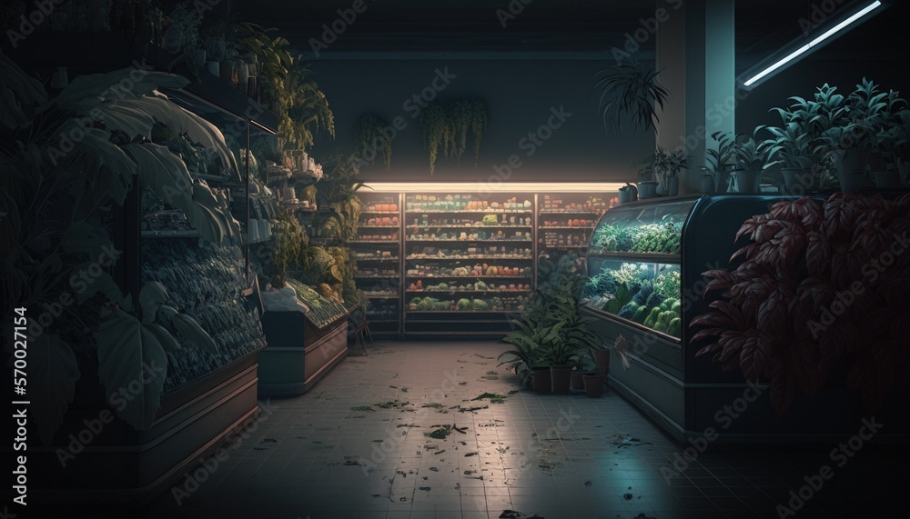 Abandoned supermarket interior in destroyed world after an apocalypse ...