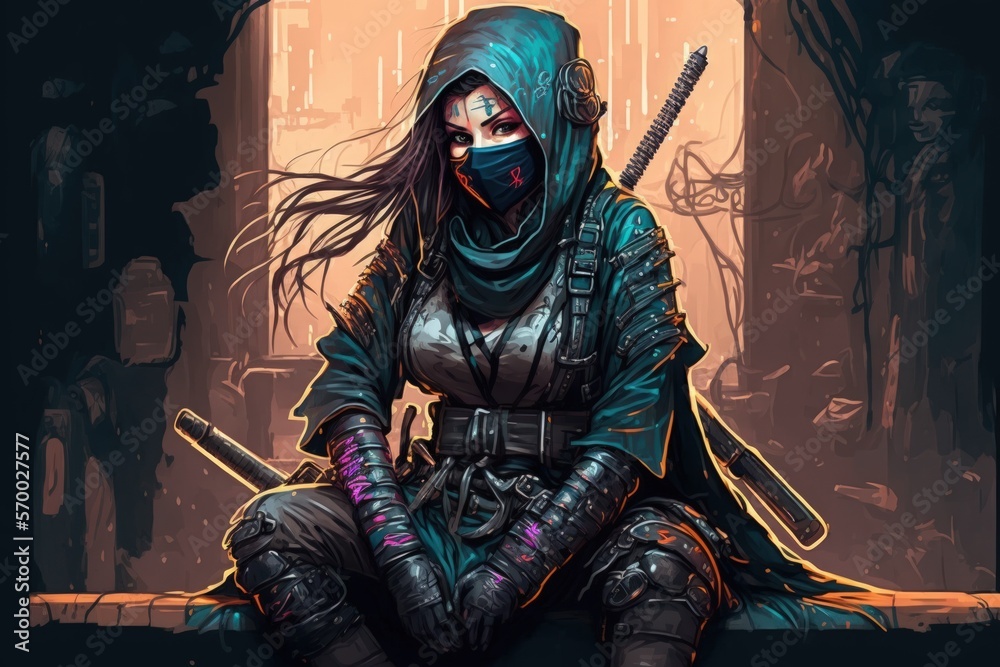 A stunning ninja girl dressed in cyberpunk style confidently gazes ...