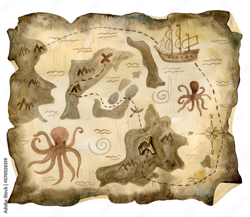 Treasure map hand drawn in watercolor. Antique map with islands ...