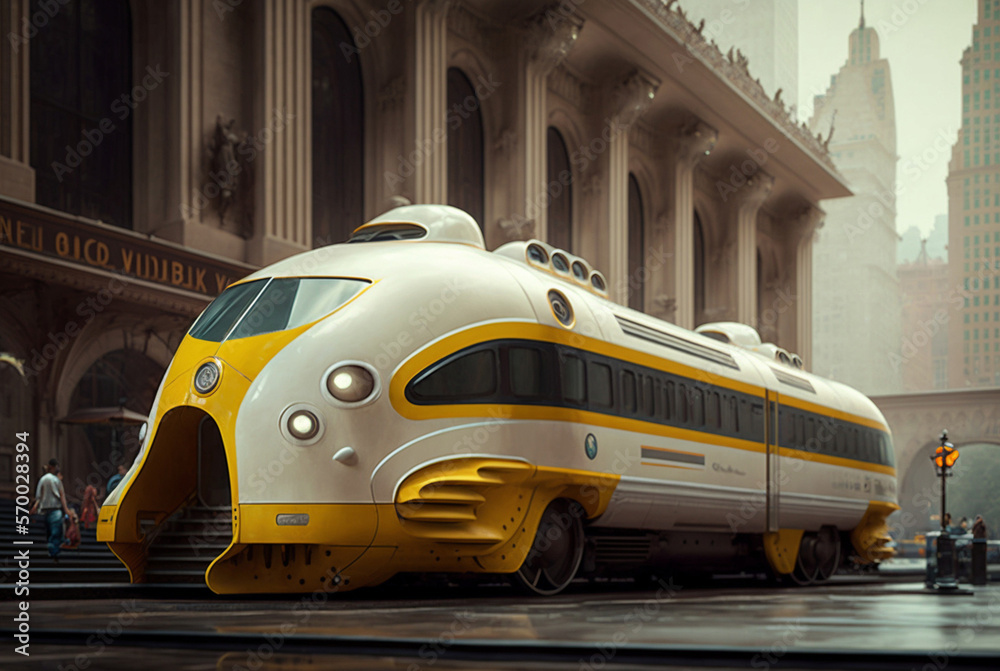 a fictitious train in small cab format, fictitious place. Generative AI ...