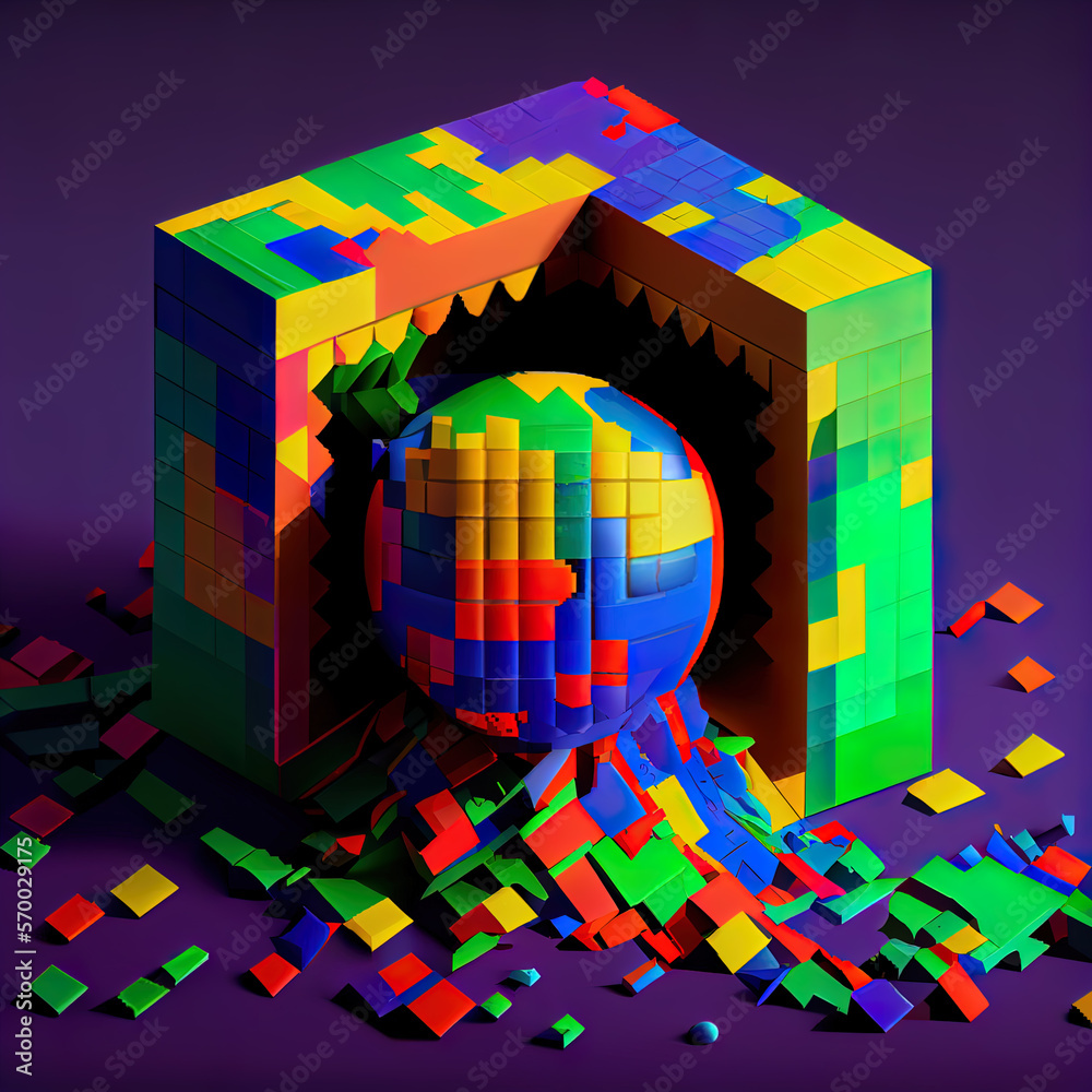 Ilustrace „ball in cube created with 8 bit blocks, video game earth ...