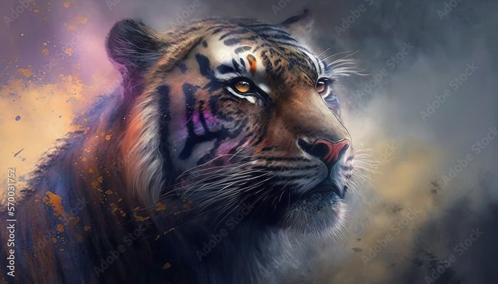 a painting of a tiger with a purple background and yellow spots on its ...