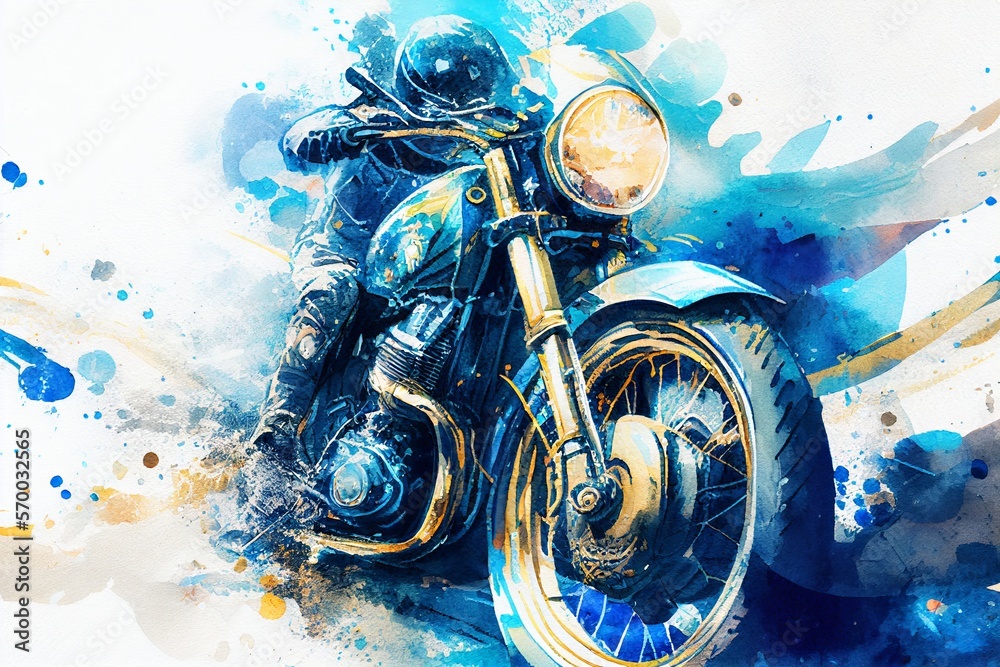 watercolor drawing of a motorcycle in blue and gold paints on paper ...