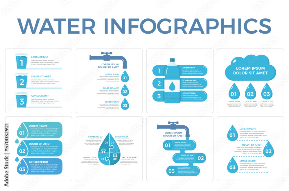 Set of eight water infographic templates with water drops, bottle ...