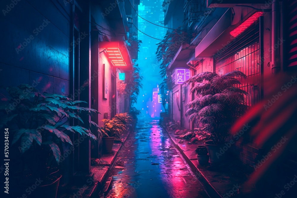 Blue Night city lights. Neon urban future. Rainy Futuristic city in a ...