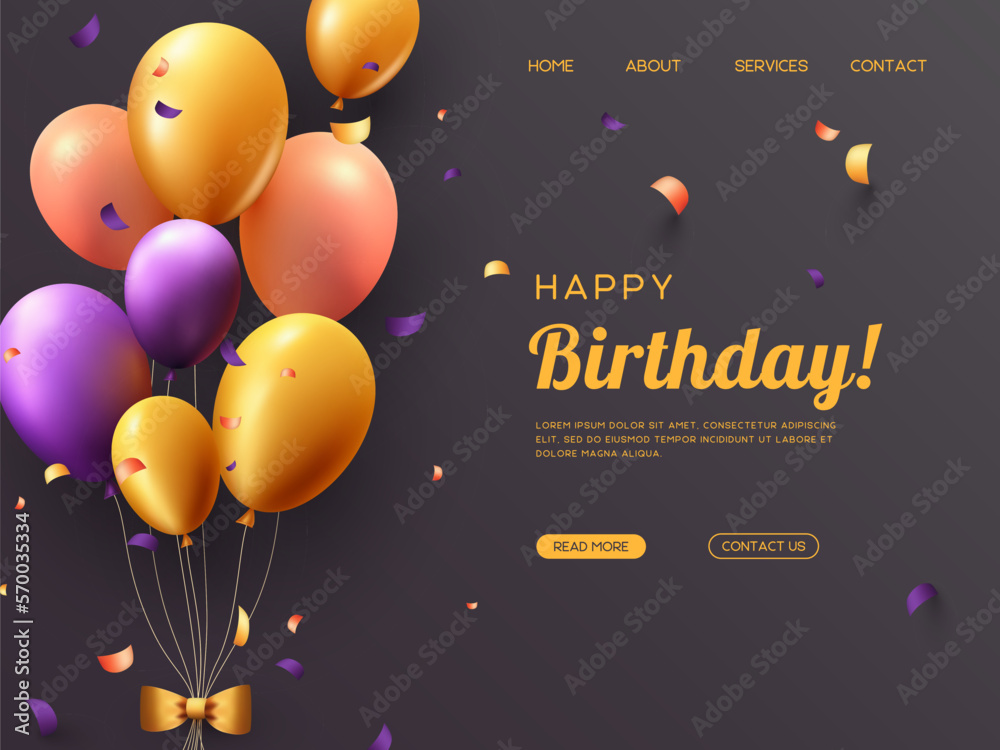 Happy birthday website banner for home page with 3d orange and purple ...