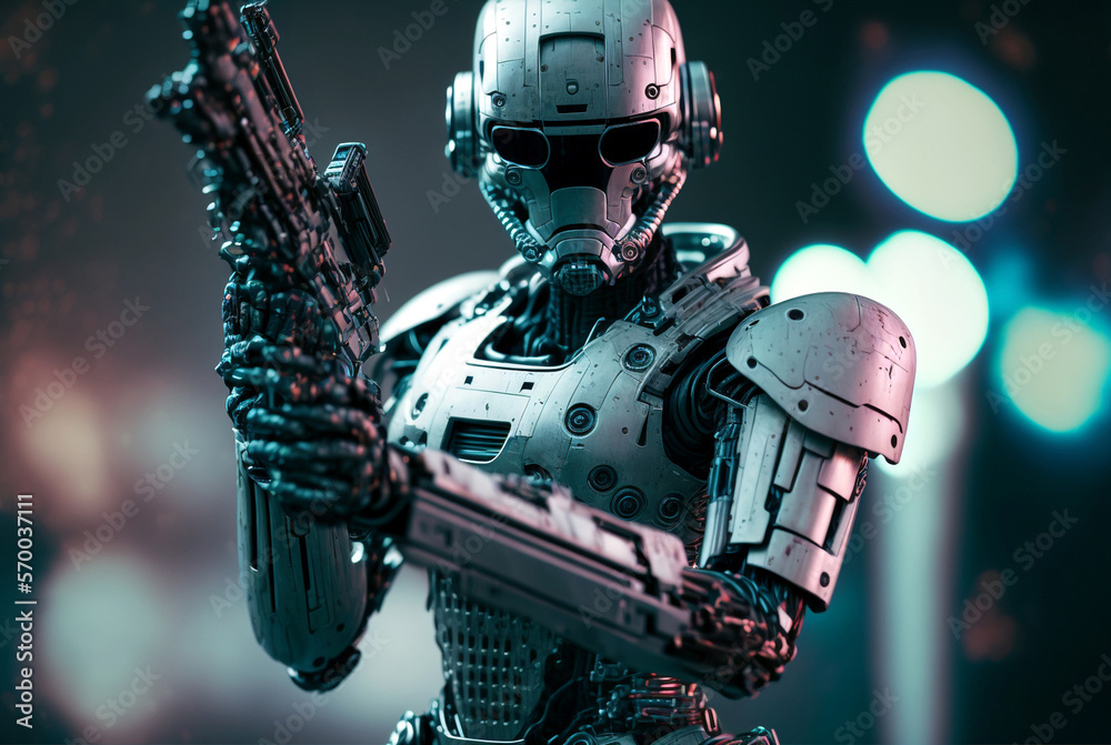 An armed robot with a gun, policeman police or in war as a soldier ...