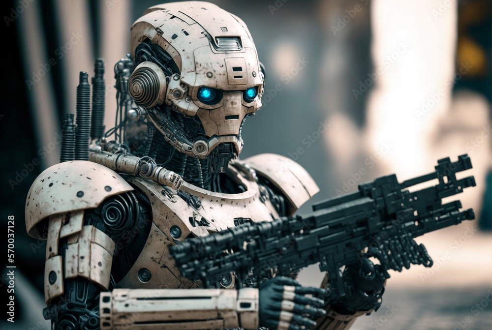 An armed robot with a gun, policeman police or in war as a soldier ...