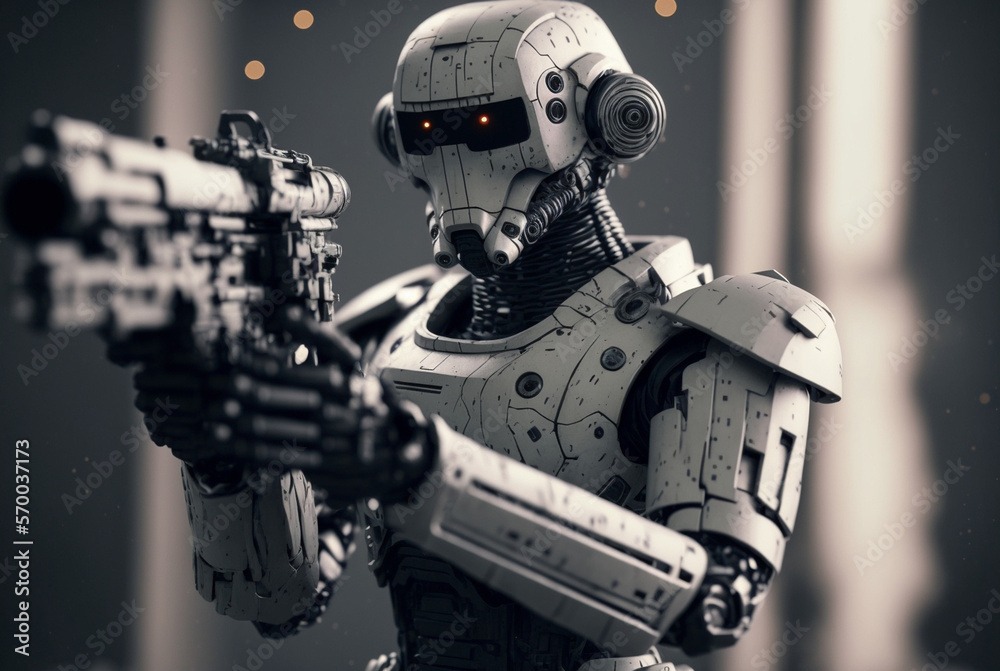 An armed robot with a gun, policeman police or in war as a soldier ...