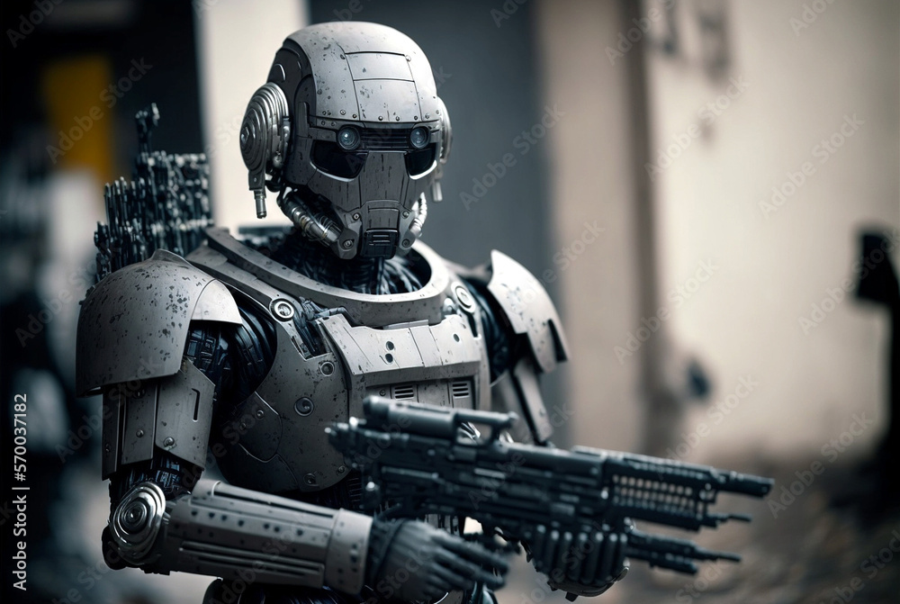 An armed robot with a gun, policeman police or in war as a soldier ...