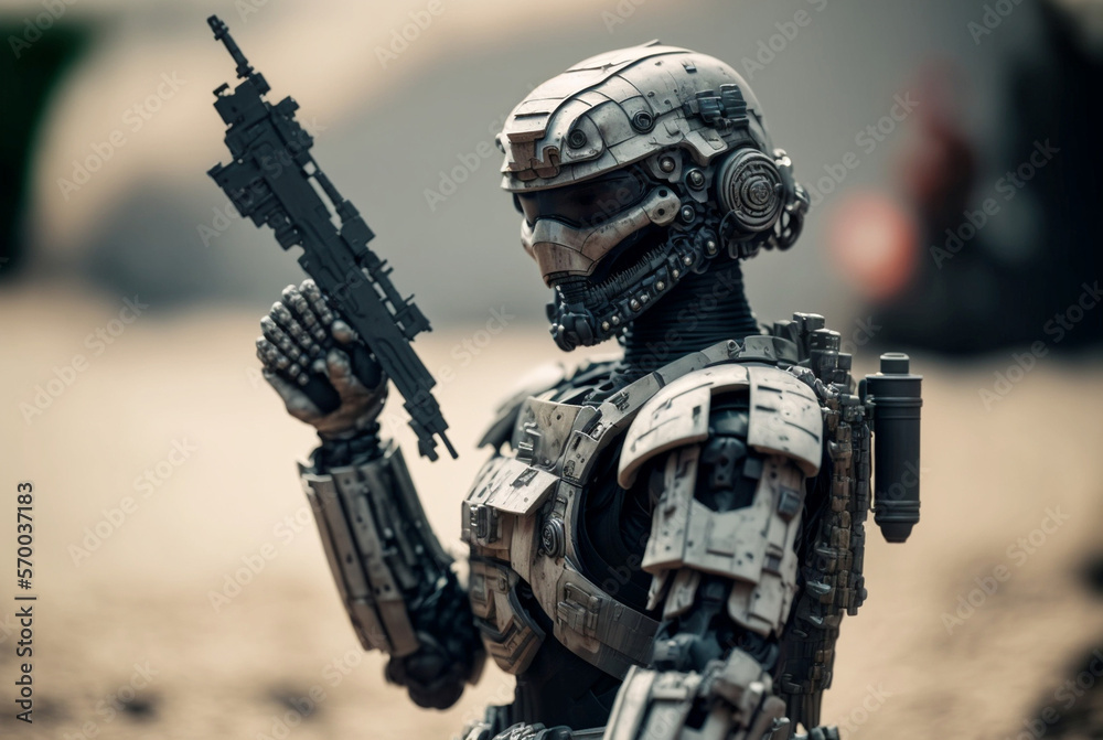 An armed robot with a gun, policeman police or in war as a soldier ...