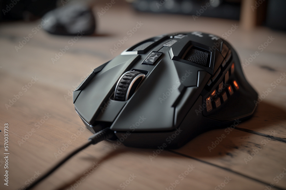 Professional gaming mouse. Gamer mouse on a wooden table, with several ...