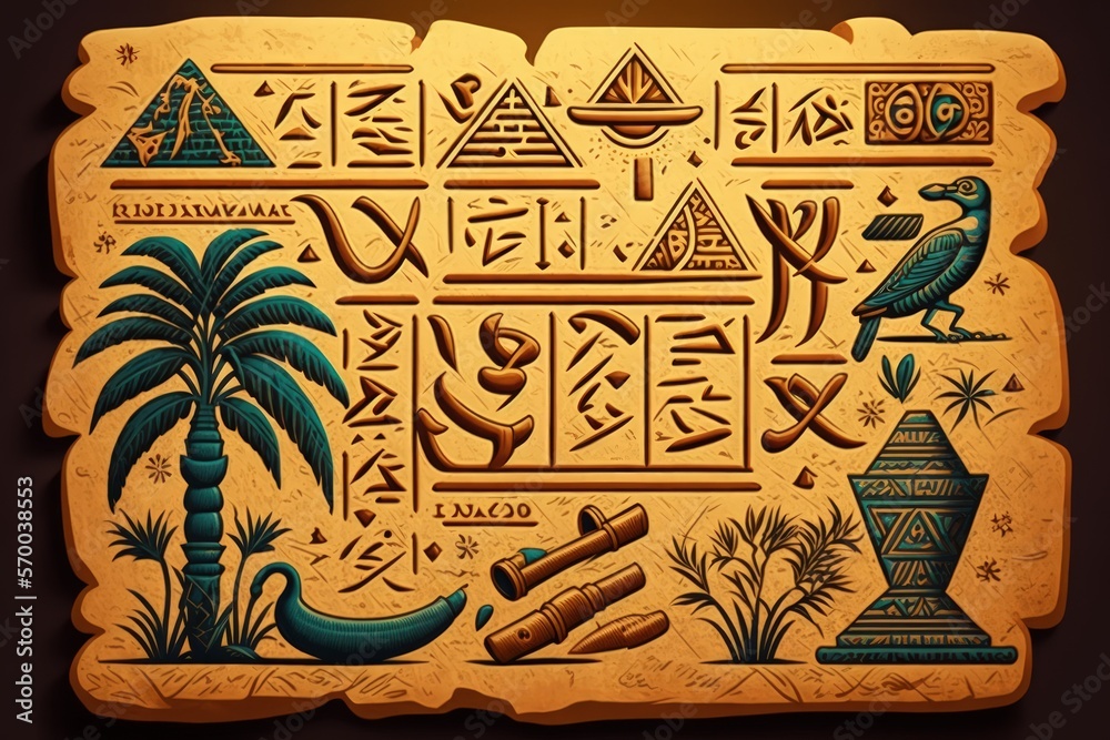 Ancient artwork and Egyptian hieroglyphs on papyrus and clay tablets ...