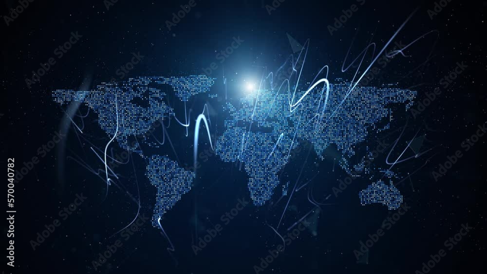 Digital world map with curved lines and light loop animation on black ...