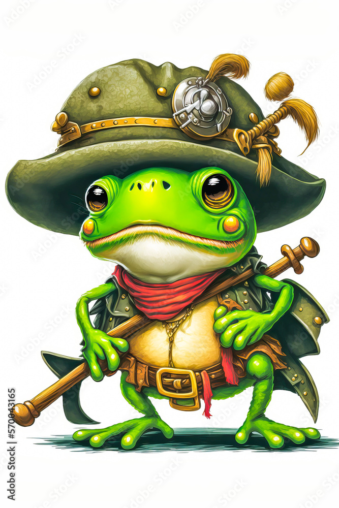 A vivid green frog dressed as a pirate or corsair sailor. Brings cheer ...