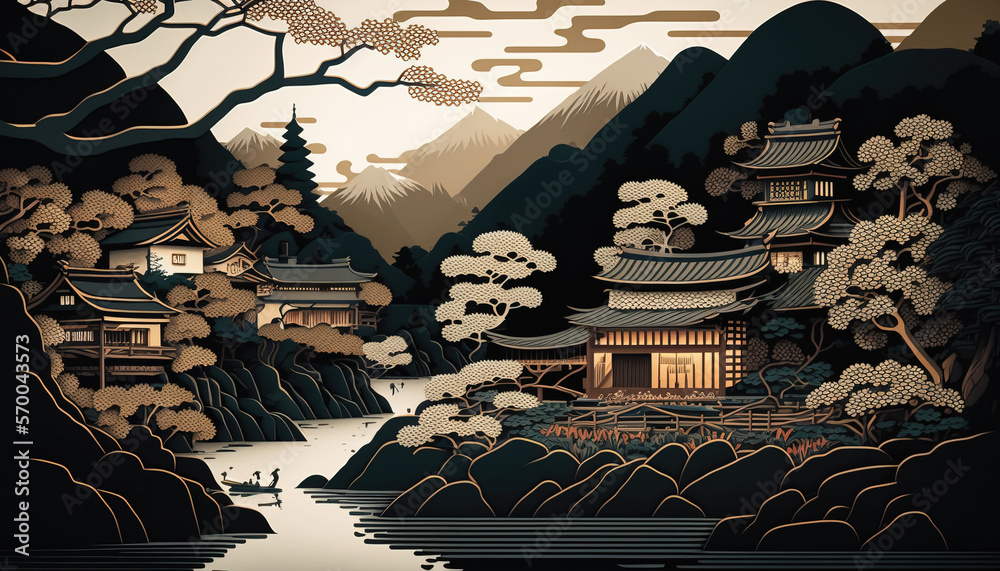 Japanese Village landscape illustration. Japan. Asian village. Asia ...