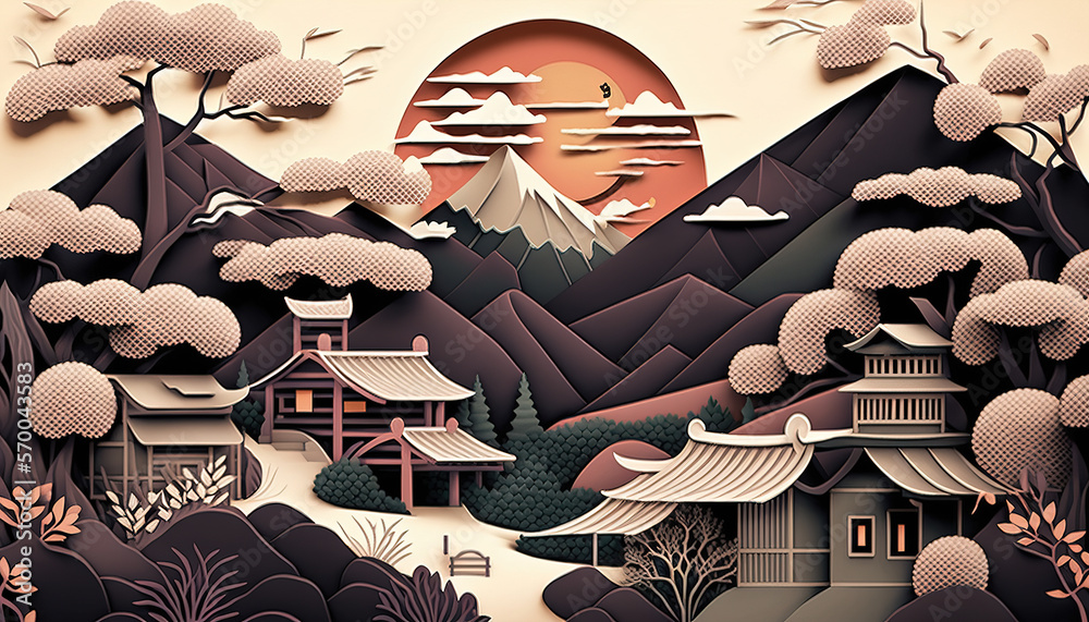 Japanese Village landscape illustration. Japan. Asian village. Asia ...