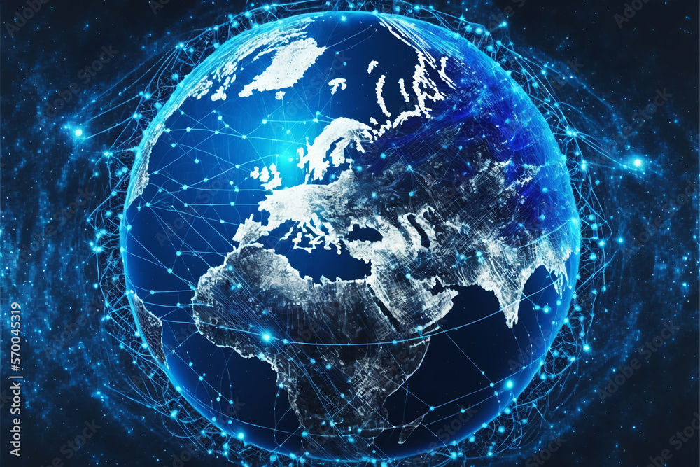 Earth Communications network map of the world. Dark blue background map ...