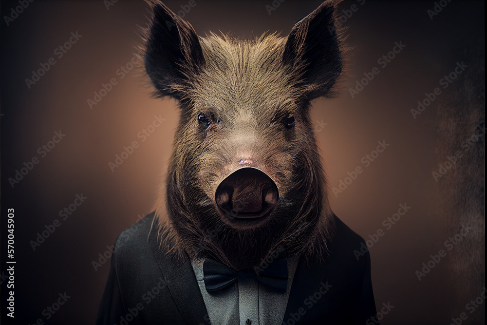 Humanized boar dressed in a formal business suit. Wild pig wearing tie ...