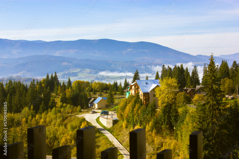 Beautiful view from a window balcony of a village in Carpathian ...