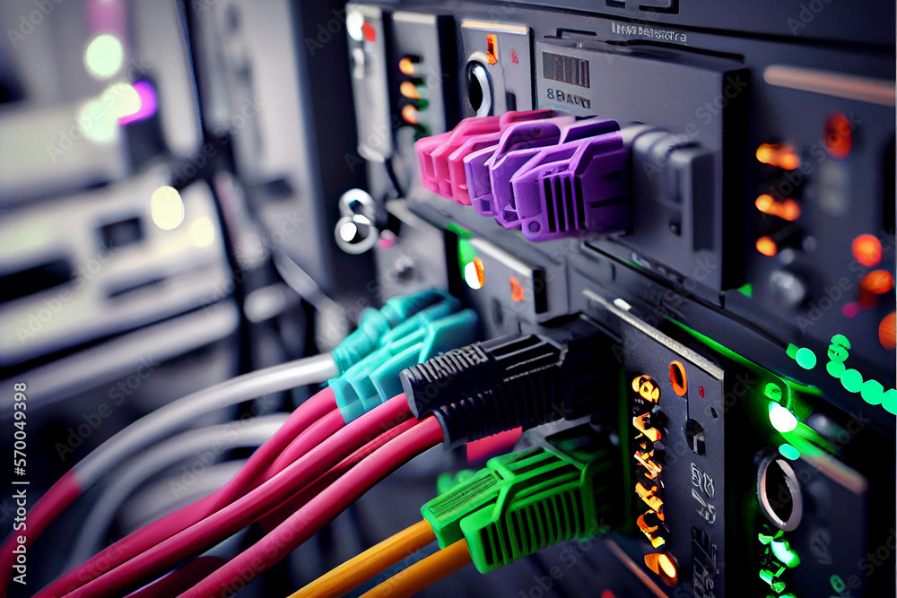 Network cables connected in network switches of digital big data ...