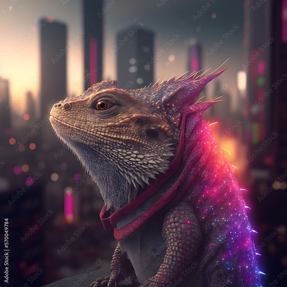 ultra real bearded dragon in a micro cyberpunk city world UHD HDR 8K ...