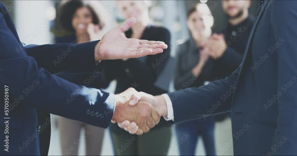 Handshake, success and business people with applause in a meeting for ...