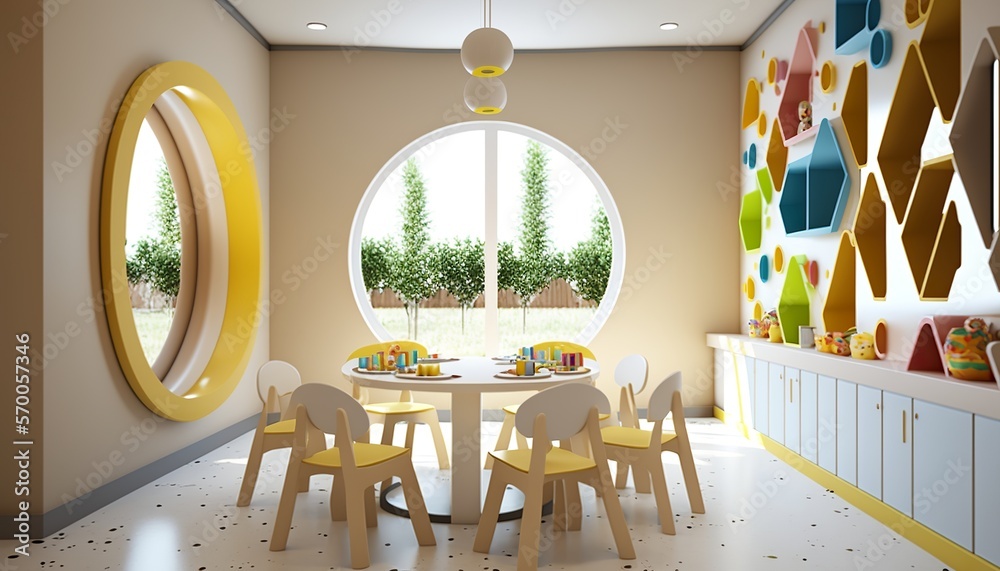 Kindergarten dining room with many chairs and tables where children can ...