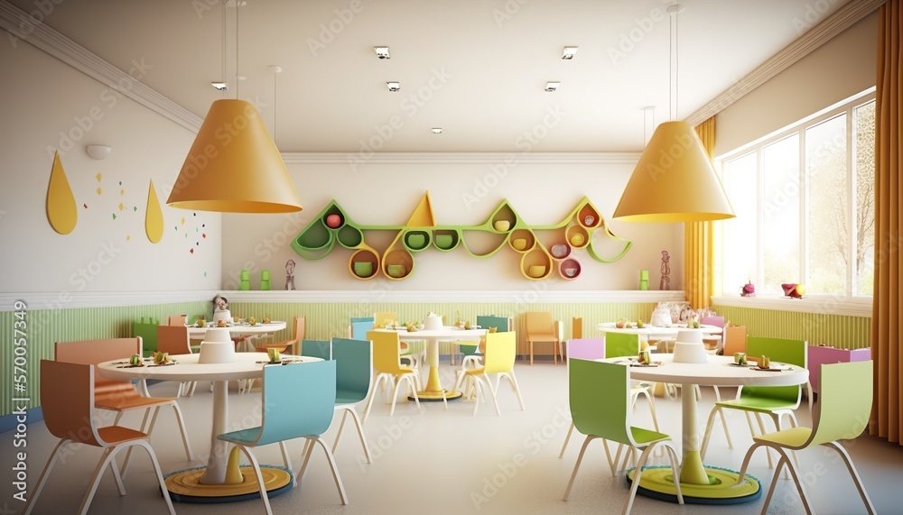 Kindergarten dining room with many chairs and tables where children can ...