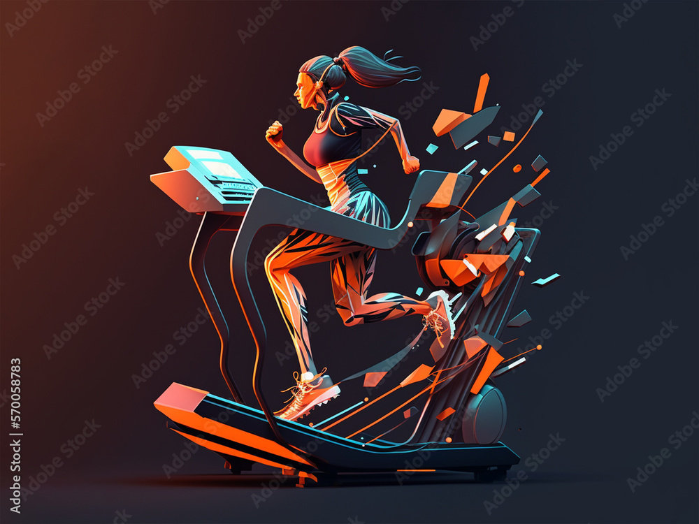 generative AI: woman running on a gym treadmill with a ponytail, Stock ...