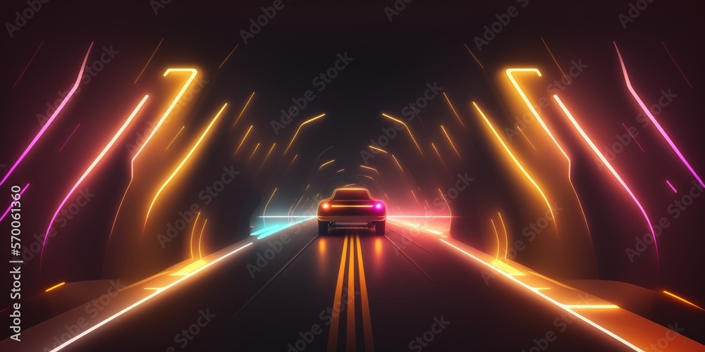 Neon rays and lines on the background wall. neon lit corridor in the ...