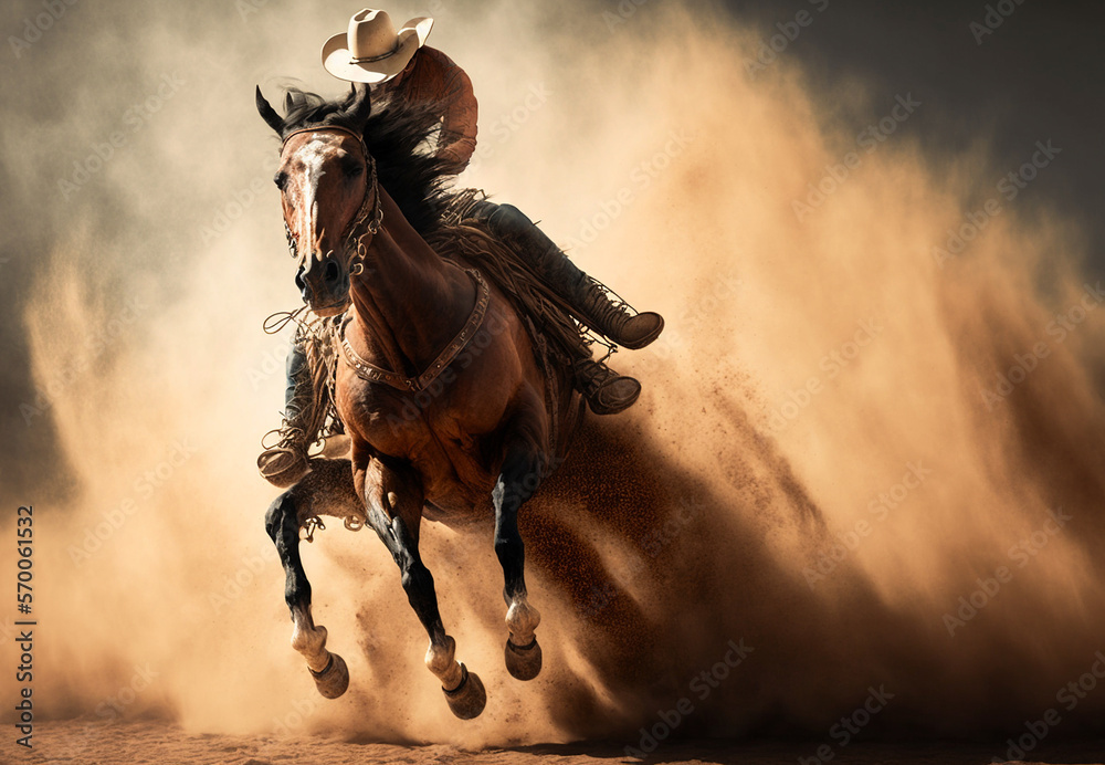 Cowboy riding a bucking bronco horse in a dusty rodeo arena, generative ...