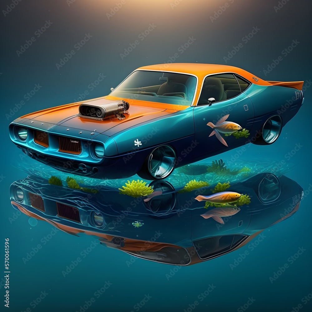 1970 Plymouth Barracuda gradually changing into a fish photorealistic ...