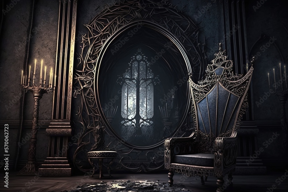 Throne in the castle of darkness with a mirror in the gothic style. AI ...