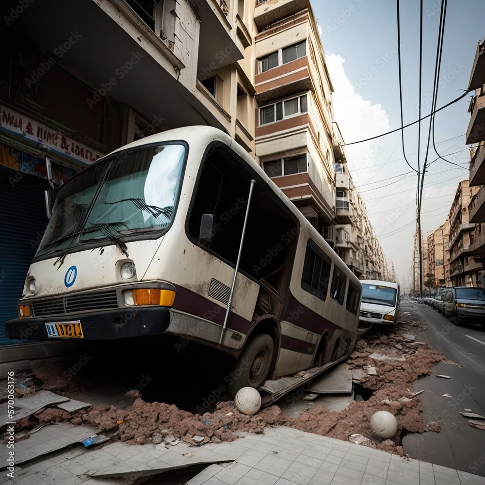 Destroyed bus and building debris. Earthquake in Turkey, Syria, natural ...