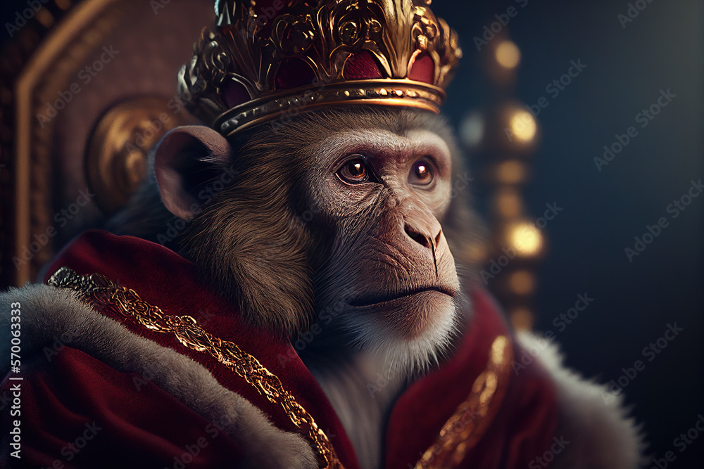 Monkey in royal robe and crown on throne. AI generative illustration ...