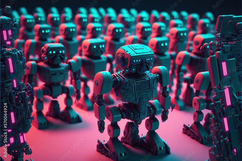 Army of small 3d neon robots lined up in rows Stock Illustration ...