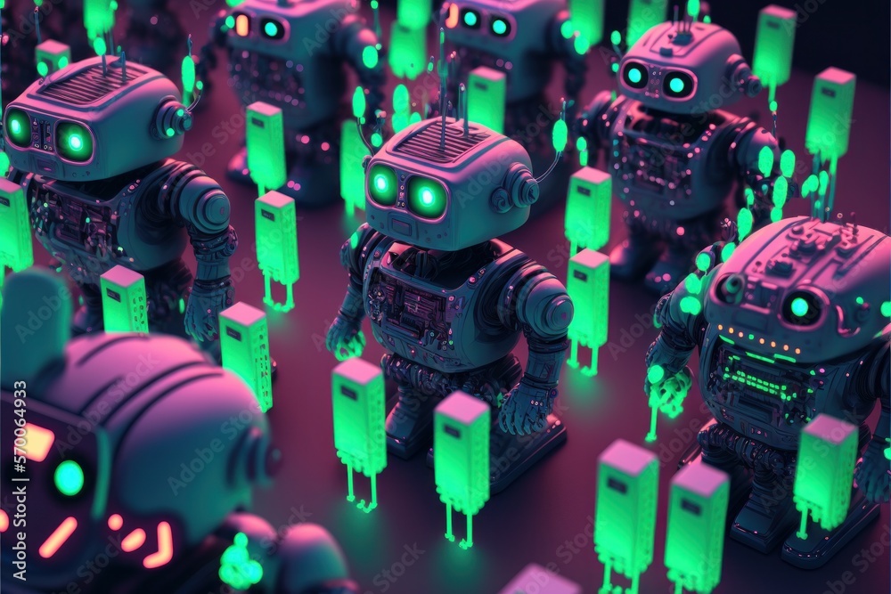 Army of small 3d neon robots lined up in rows Stock-Illustration ...