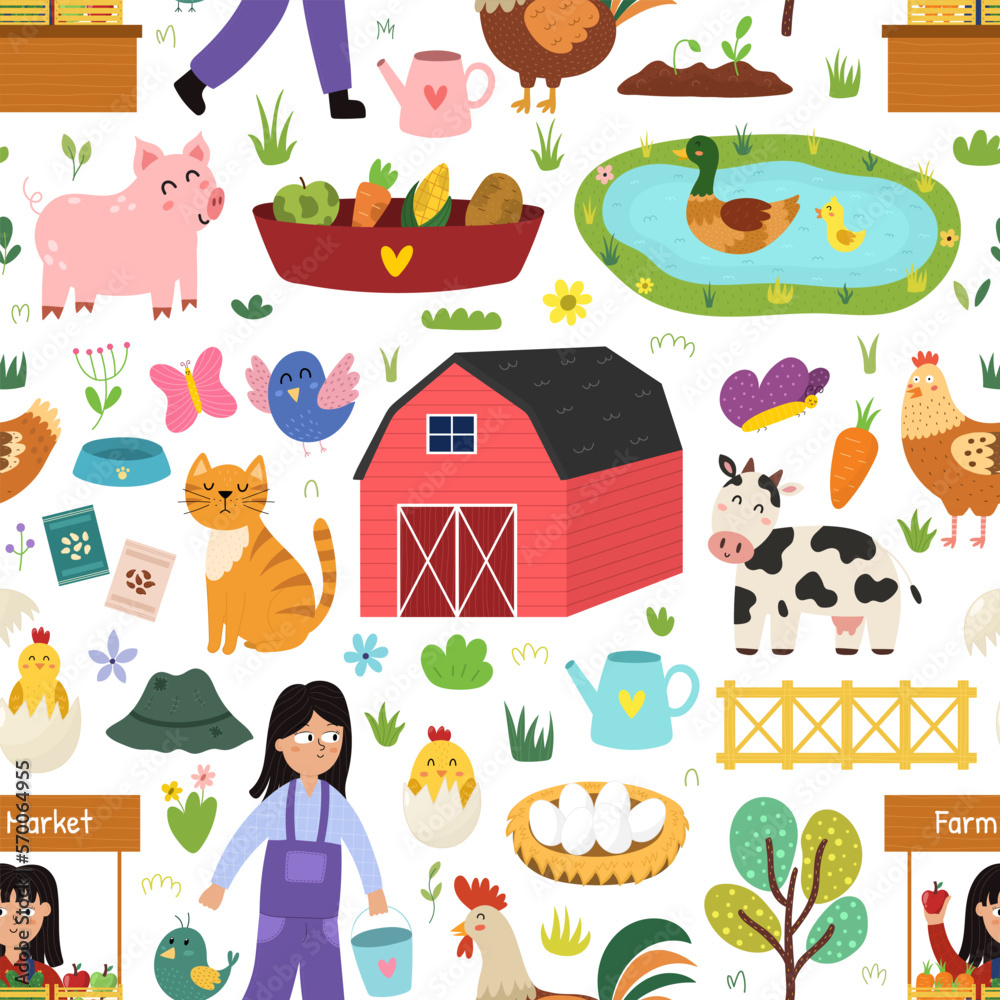 Farm seamless pattern with cute characters. Countryside background in ...