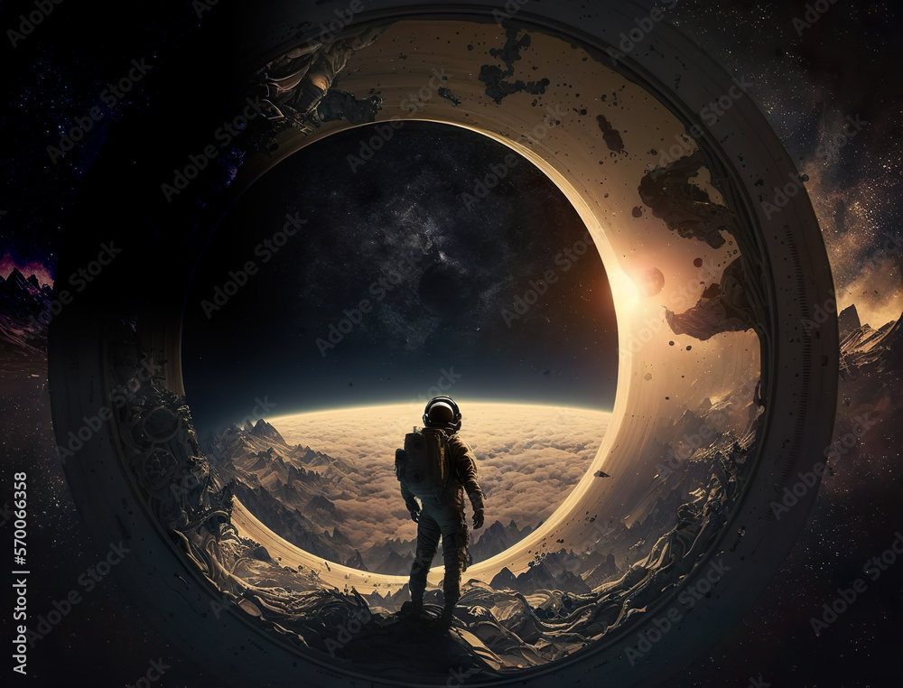 Astronaut looking down to earth and contemplating the abyss and ...