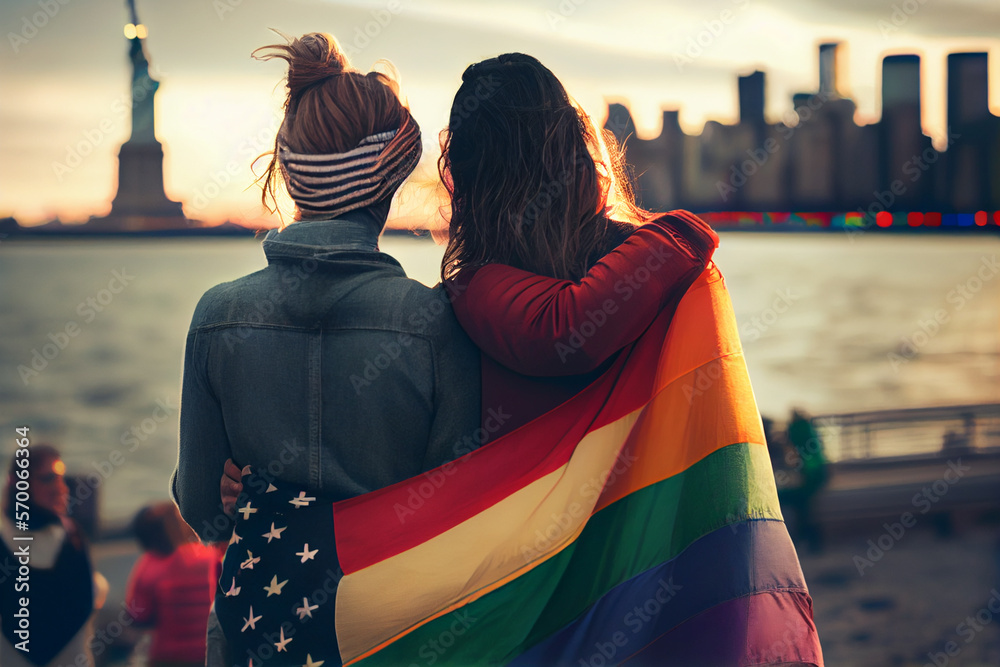 Beautiful lesbian young couple gently lovingly hugging with rainbow ...