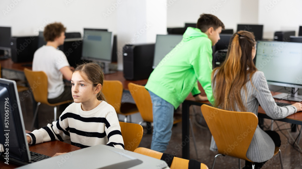 Pupils using computers at lesson, teacher teaching them in classroom ...